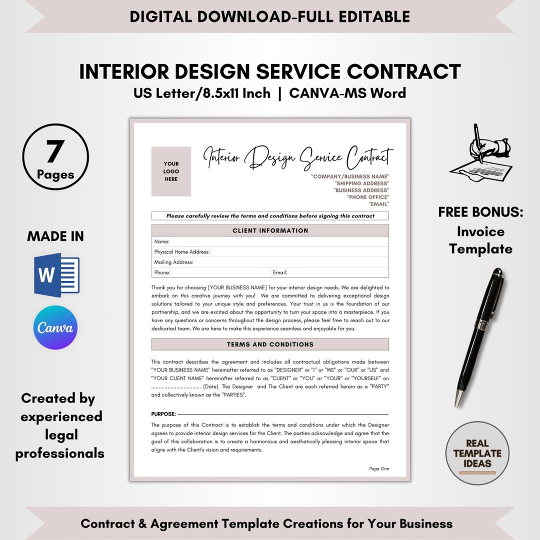 Interior Design Service Contract Template, 7 Pages DIY Editable ...