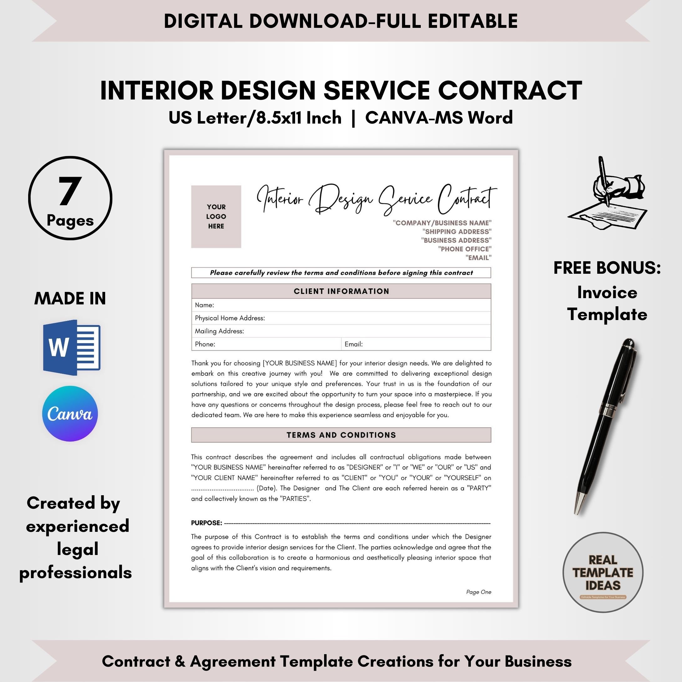 Interior Design Service Contract Template, 7 Pages DIY Editable ...