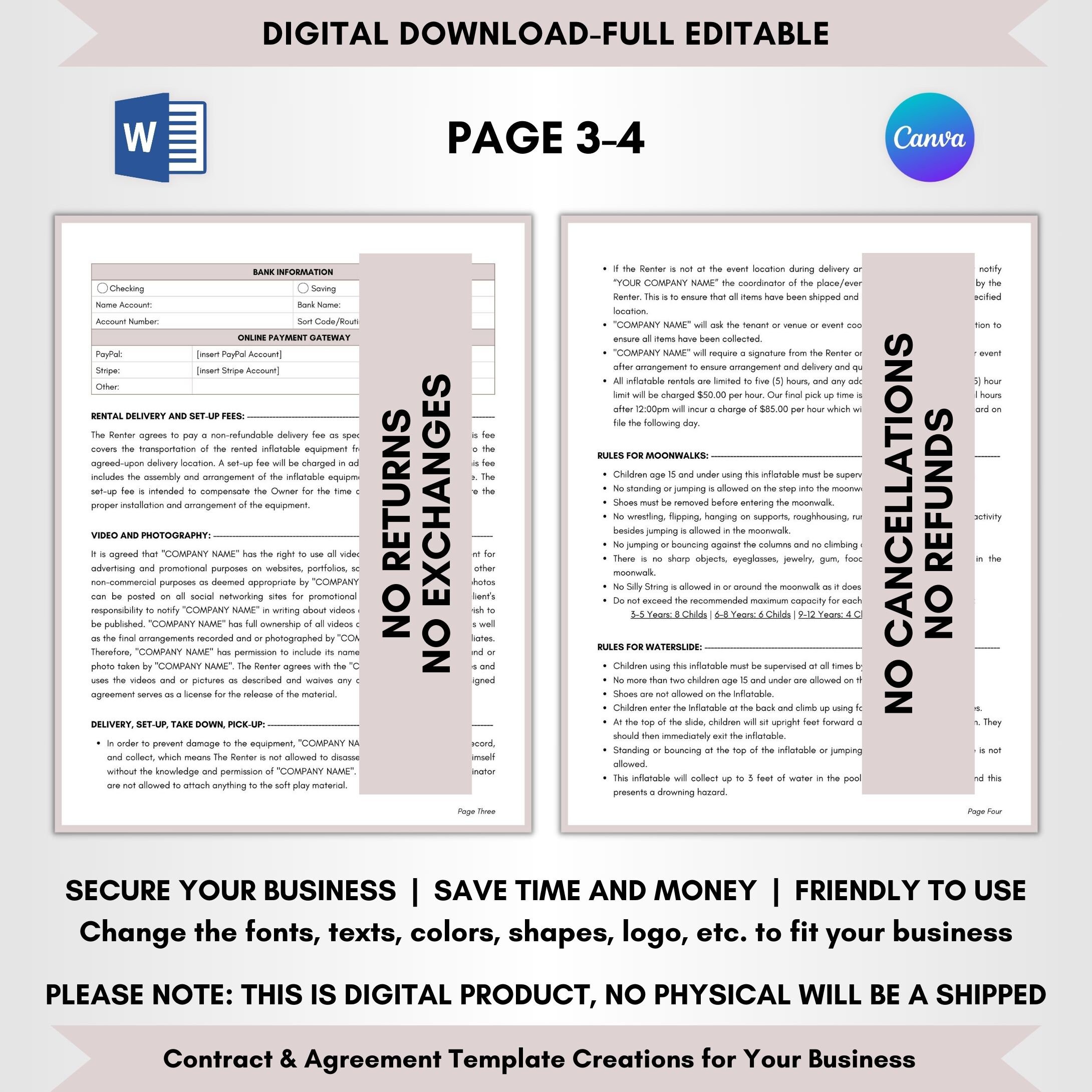 Inflatable Rental Agreement Template, 10 Pages DIY Editable, Inflatable ...