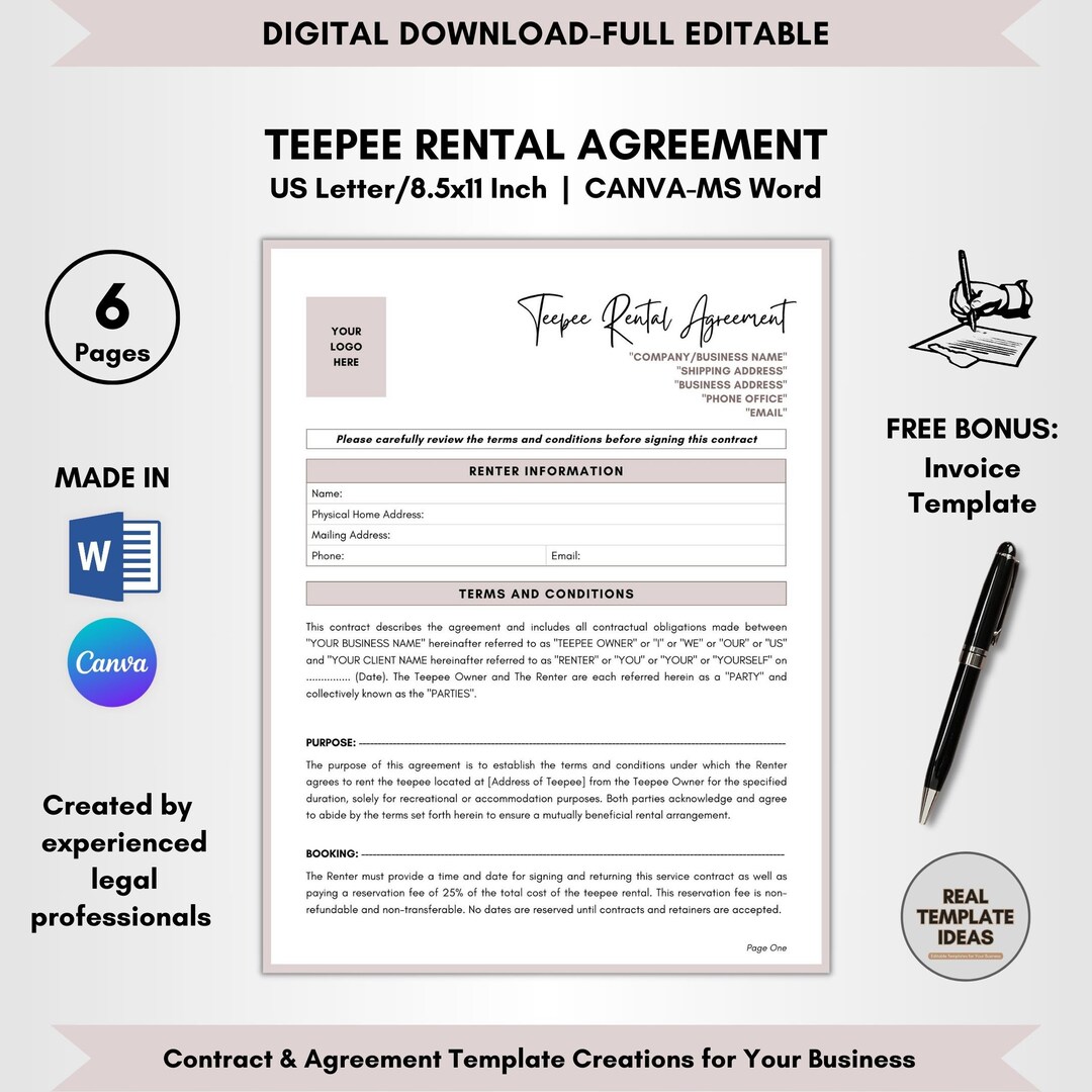 Teepee Rental Agreement Template, 6 Pages DIY Editable, Teepee Lease Contract, Teepee Business ...