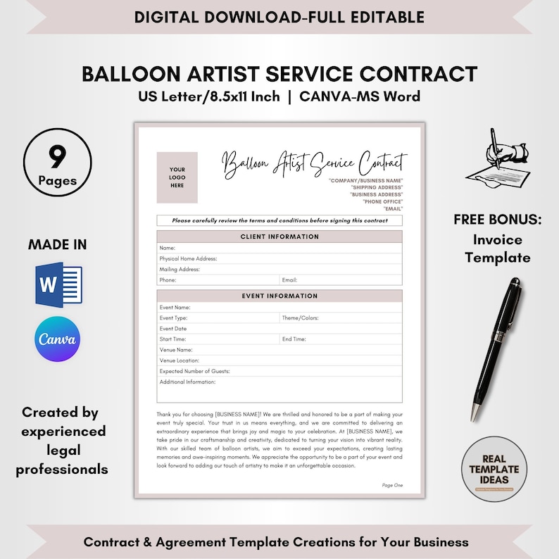 Balloon Artist Service Contract Template: Editable DIY Form (canva & MS ...