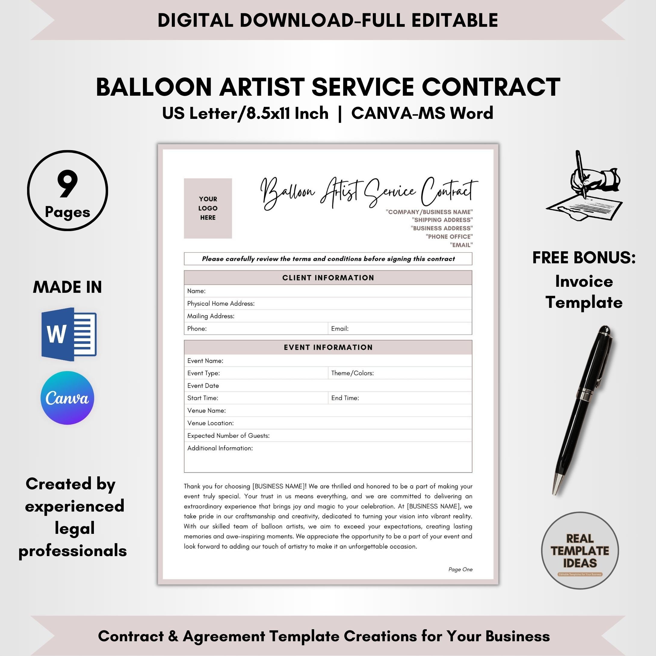 Balloon Artist Service Contract Template, 9 Pages DIY Editable, Balloon ...