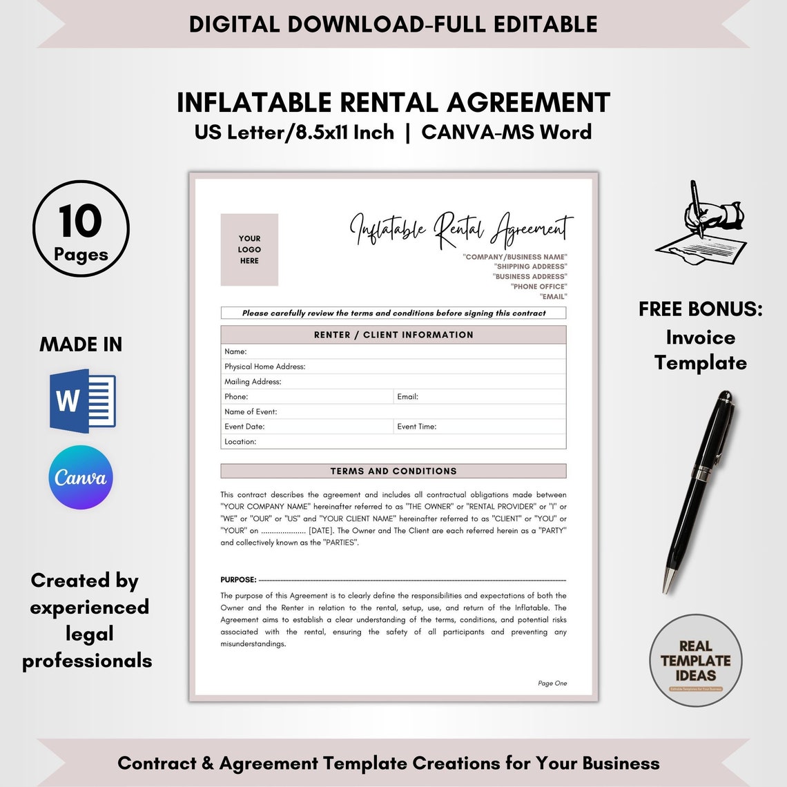 Inflatable Rental Agreement Template, 10 Pages DIY Editable, Inflatable ...