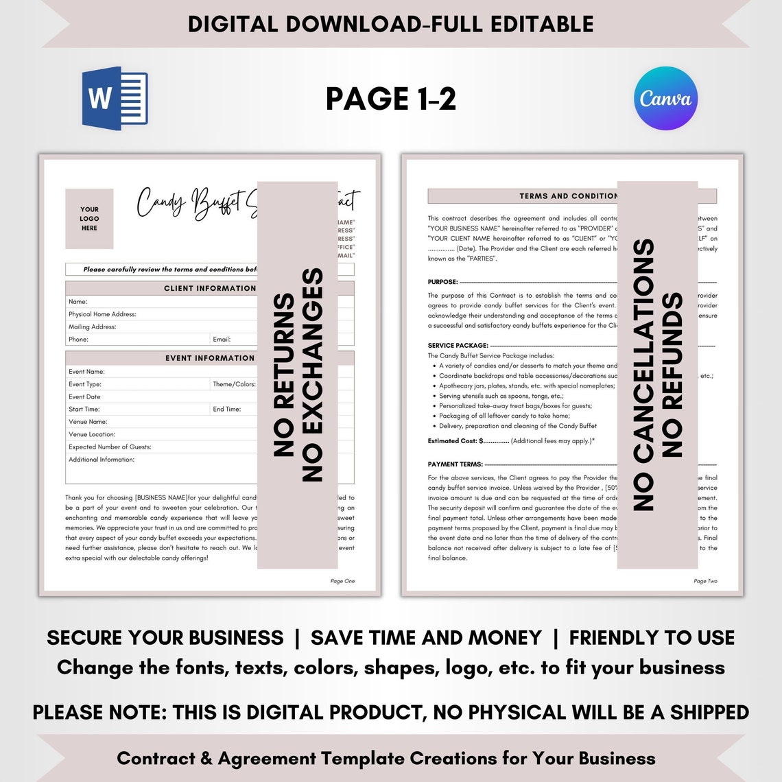 Candy Buffet Service Contract Template, 8 Pages DIY Editable, Event ...