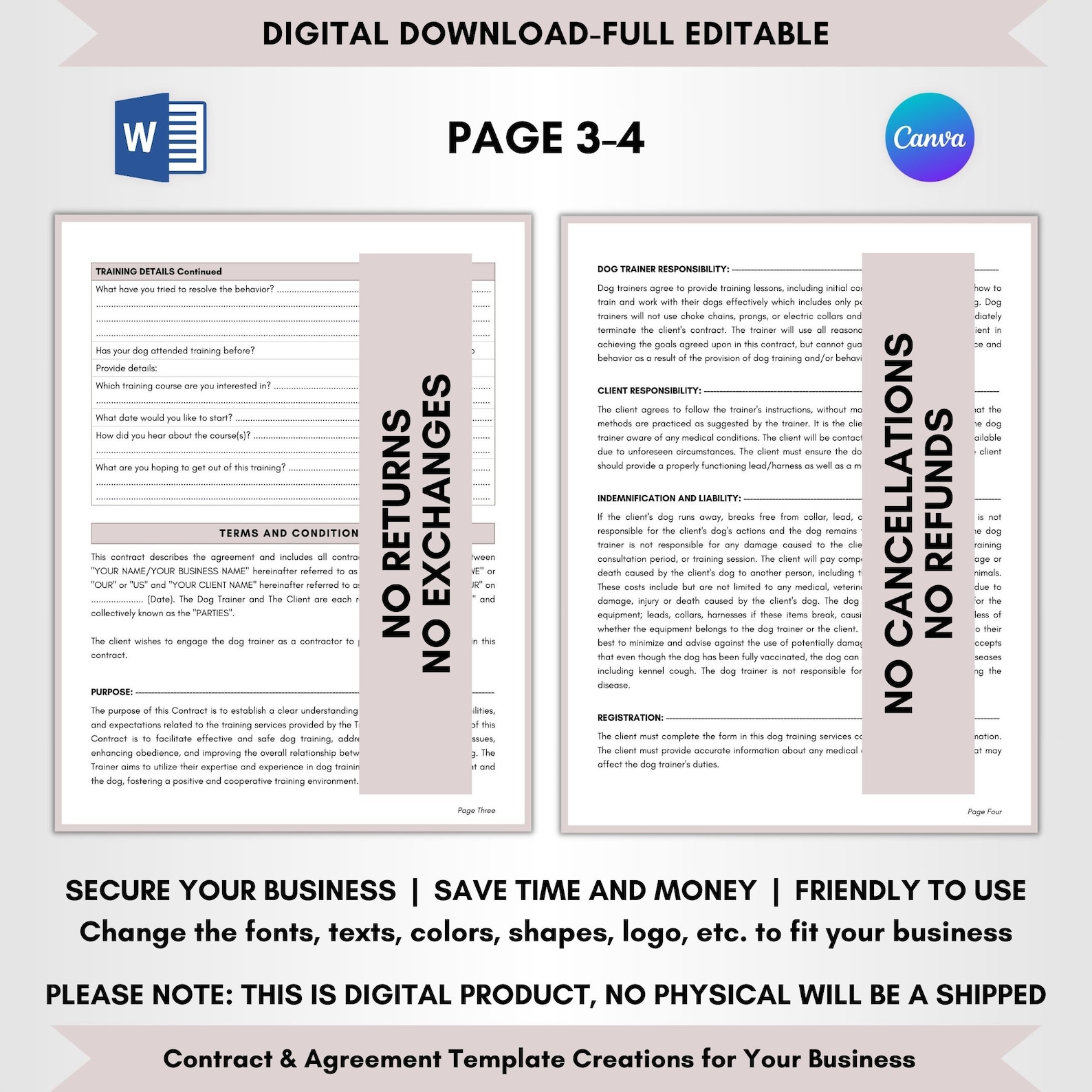 Dog Training Service Agreement Template, 8 Pages DIY Editable, Dog ...