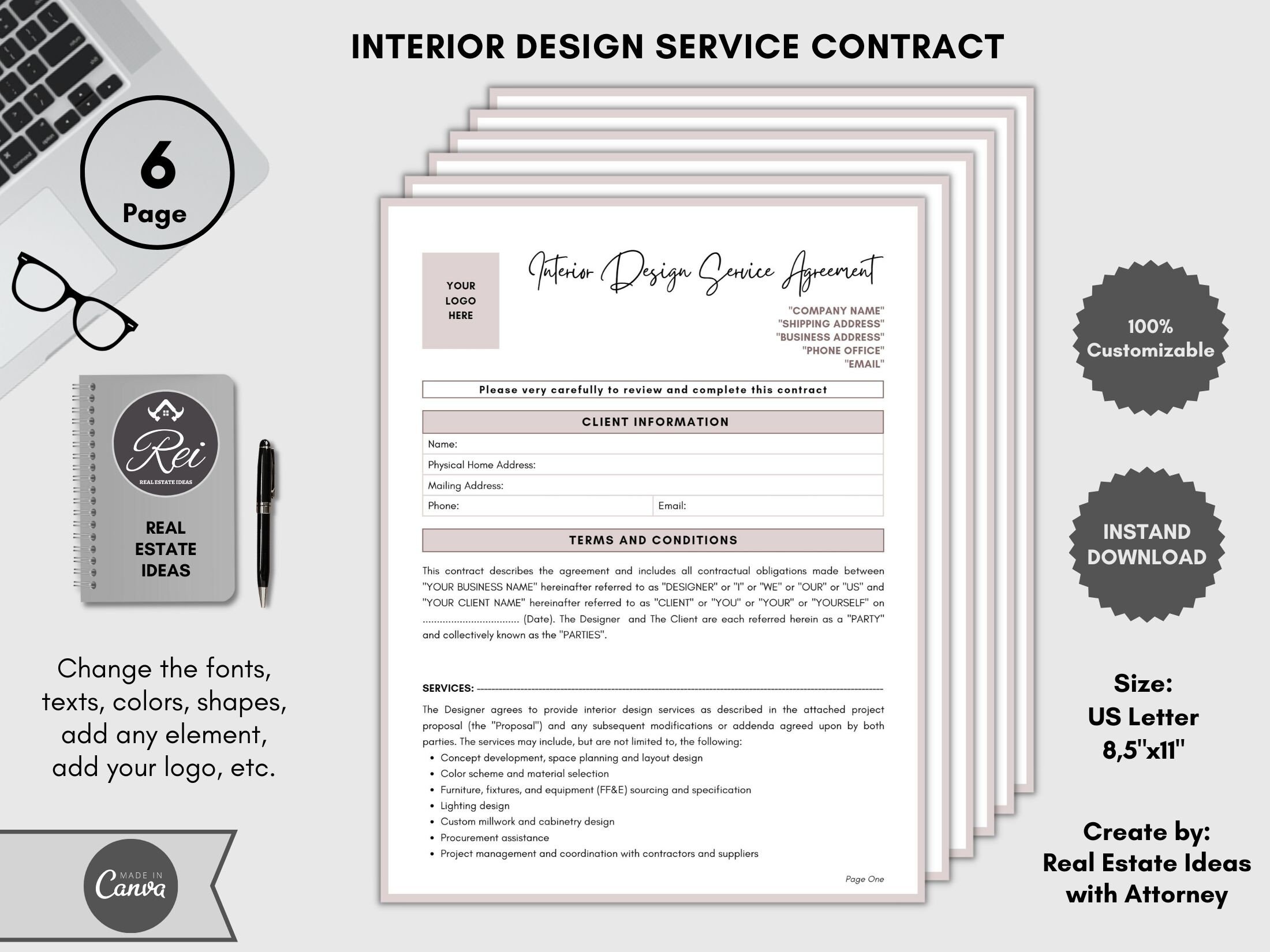 Interior Design Service Contract Template 6 Page DIY Editable - Etsy