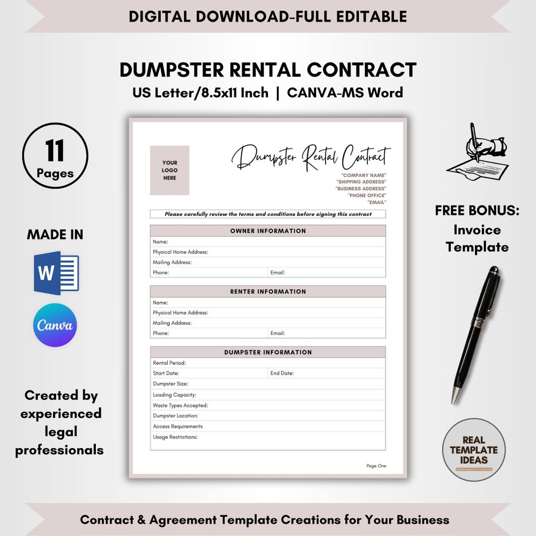 Dumpster Rental Contract Template: DIY Editable, Waste Management ...
