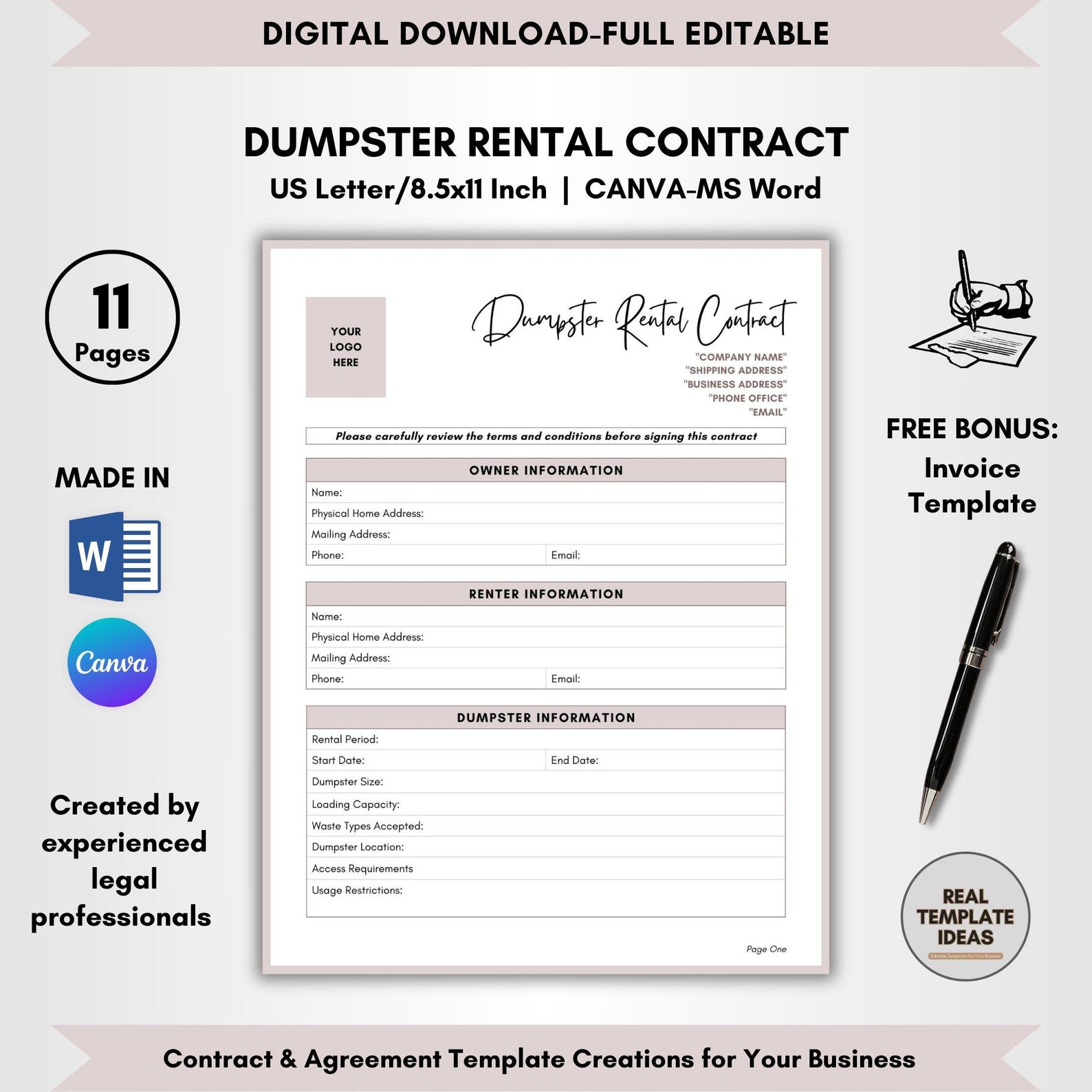 Dumpster Rental Contract Template: 11 Pages DIY Editable Agreement ...