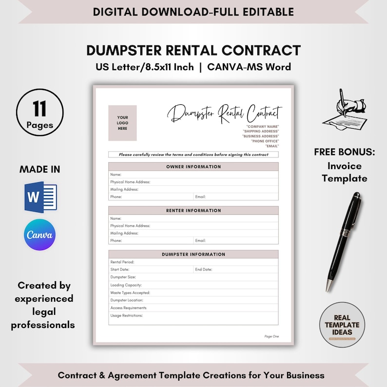 Dumpster Rental Contract Template: 11 Pages DIY Editable Agreement ...