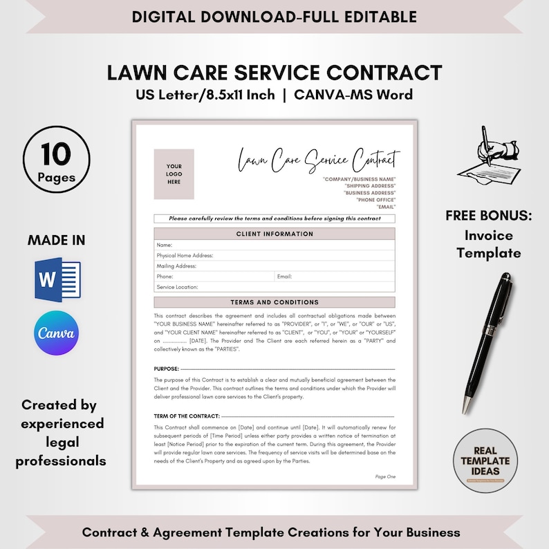 Lawn Care Service Contract Template: DIY Editable (CANVA & MS Word) - Etsy