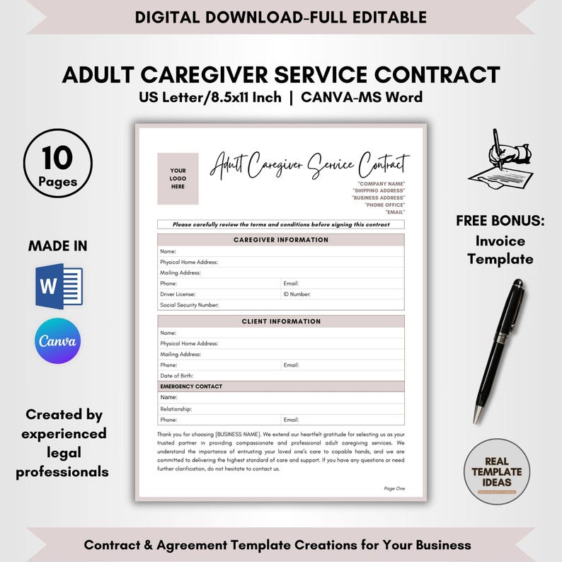 Adult Caregiver Service Contract Template: DIY Editable (CANVA-MS Word ...