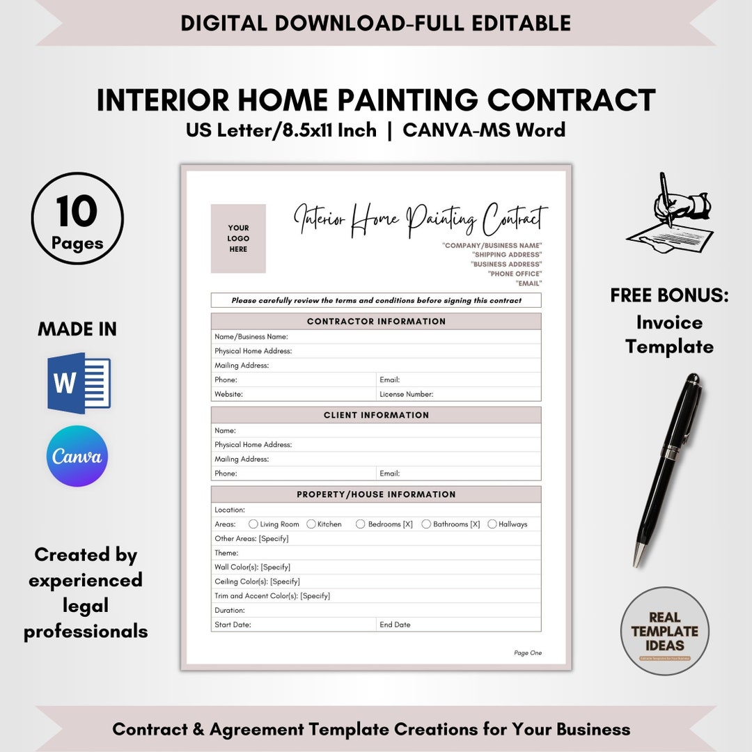 Interior Home Painting Contract Template: DIY Editable (digital ...