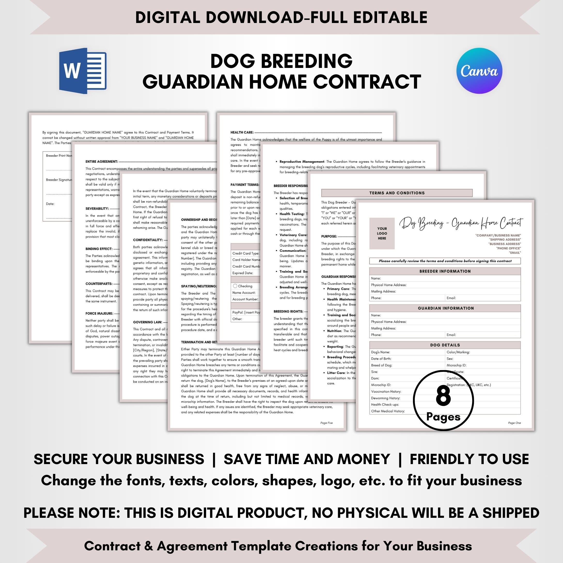 Dog Breeding Contract Template Bundle, 7 Dog Breeder Contract Terms ...
