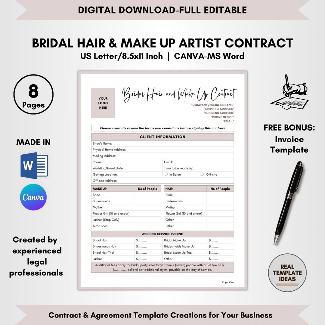 Bridal Hair and Make up Contract Template, 8 Pages DIY Editable, Bridal ...
