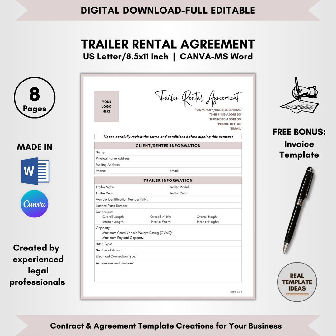 Trailer Rental Contract Agreement Template: 8 Pages DIY Editable (canva ...