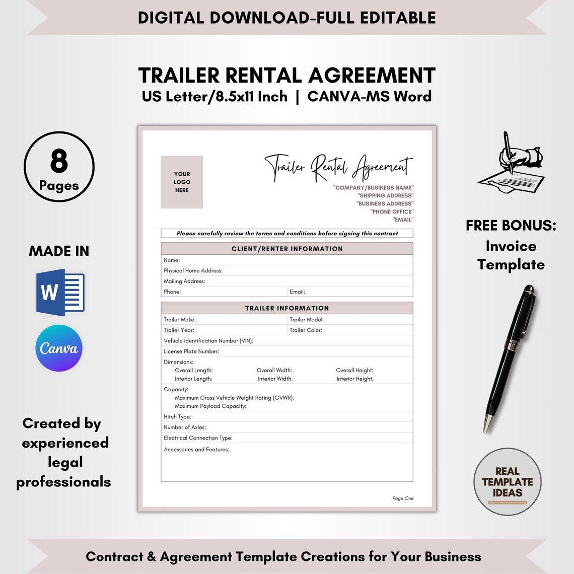 Trailer Rental Contract Agreement Template: 8 Pages DIY Editable (canva ...