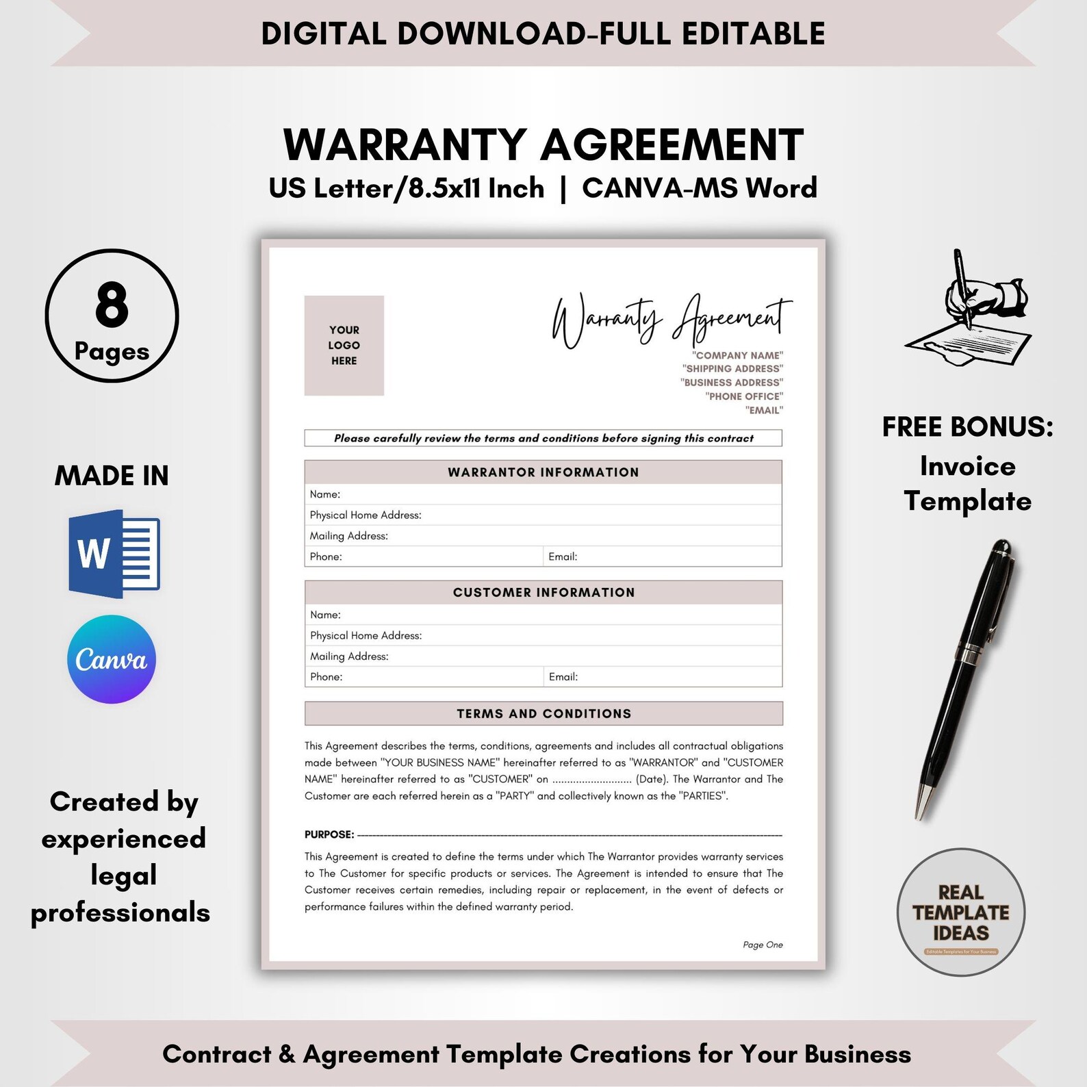 Warranty Agreement Template: 8 Pages DIY Editable Contract (canva & MS ...