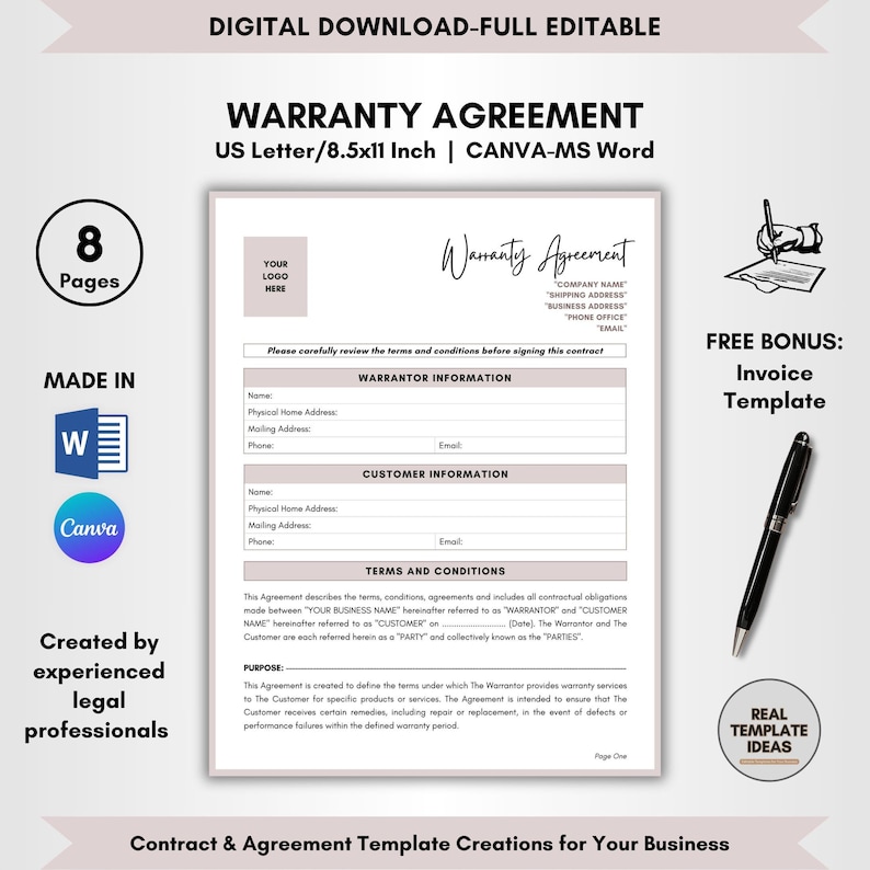 Warranty Agreement Template: 8 Pages DIY Editable Contract (canva & MS Word) - Etsy