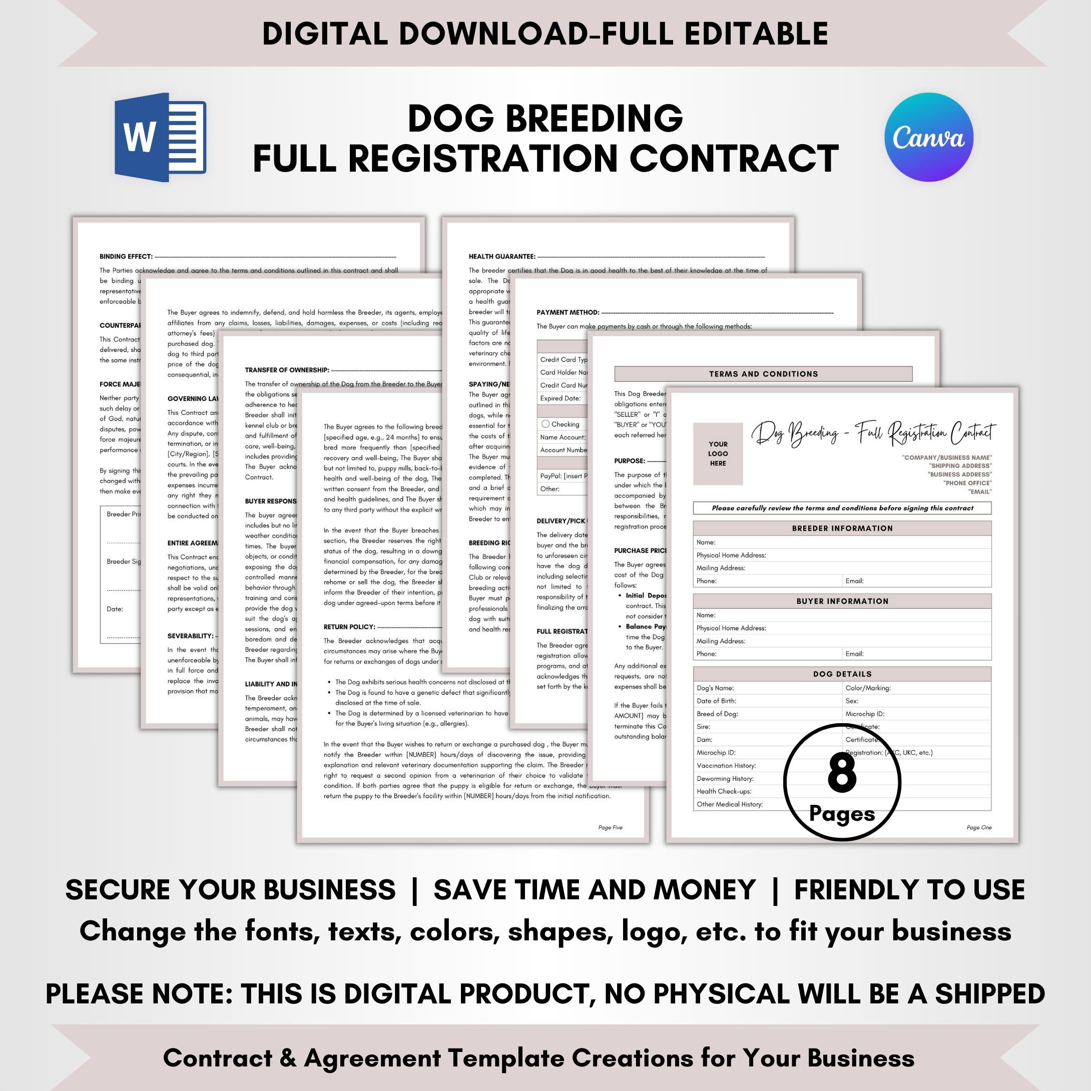 Dog Breeding Contract Template Bundle, 7 Dog Breeder Contract Terms ...