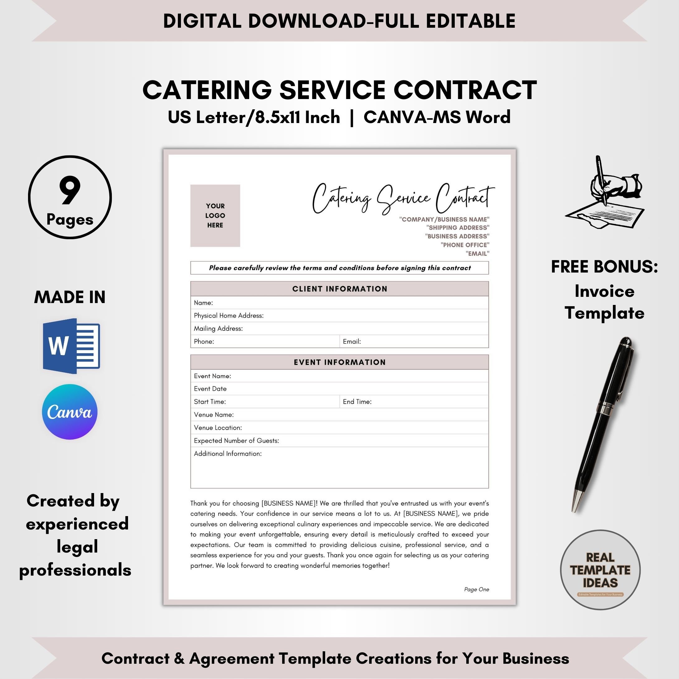 Catering Service Contract Template: DIY Editable, 9 Pages (canva & MS ...