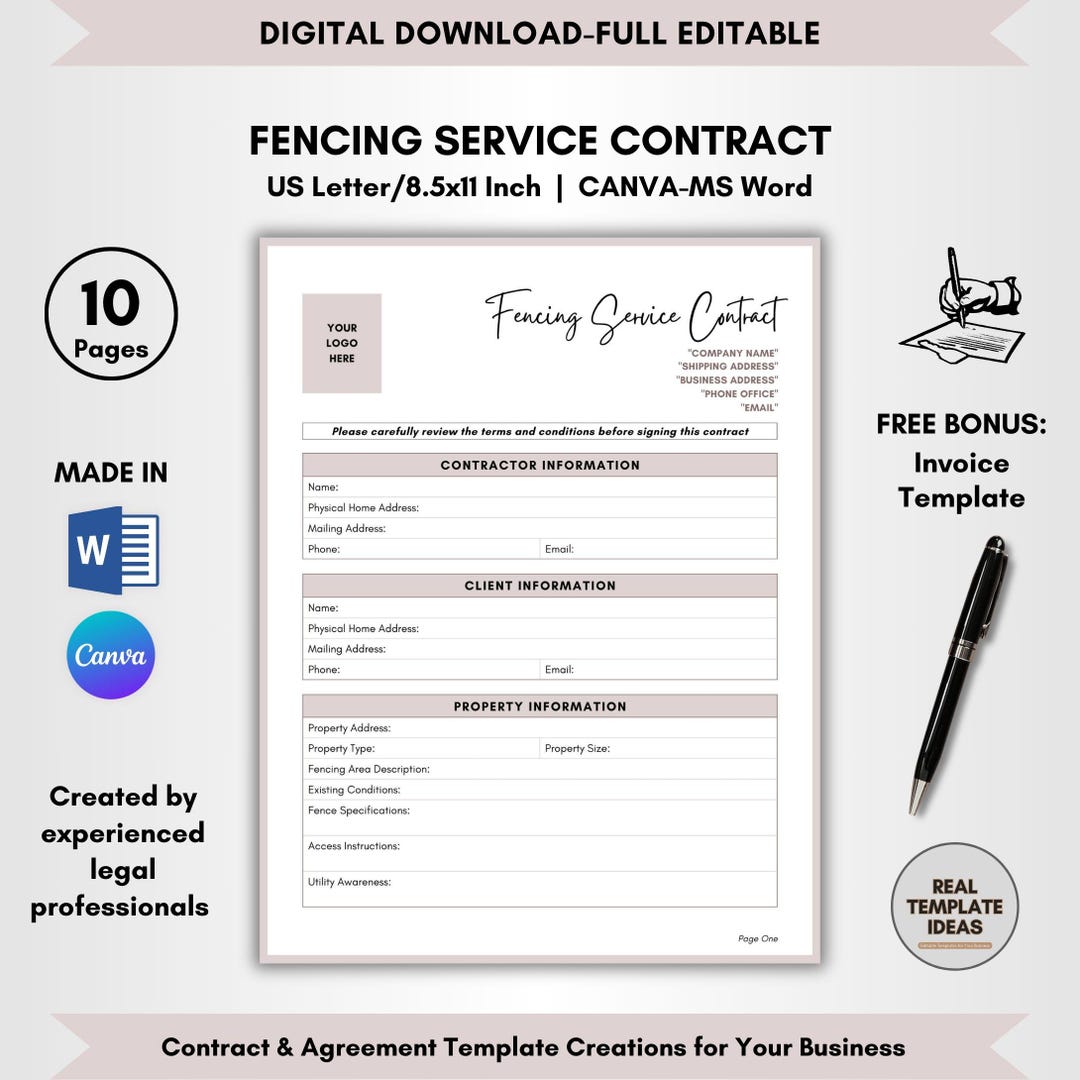 Fencing Service Contract Template: DIY Editable Agreement (CANVA & MS ...