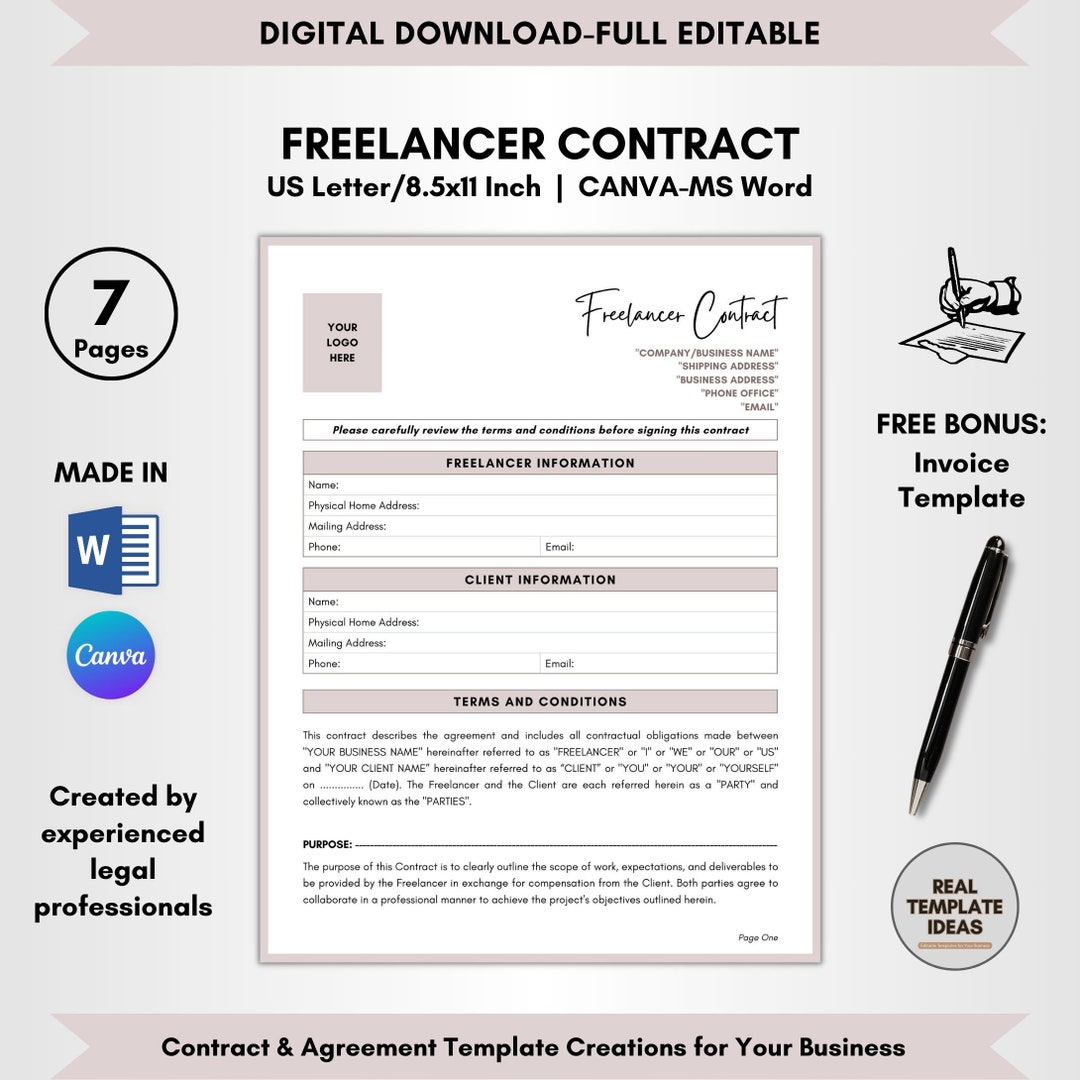 Freelancer Contract Template, 7 Pages DIY Editable, Freelance Work ...