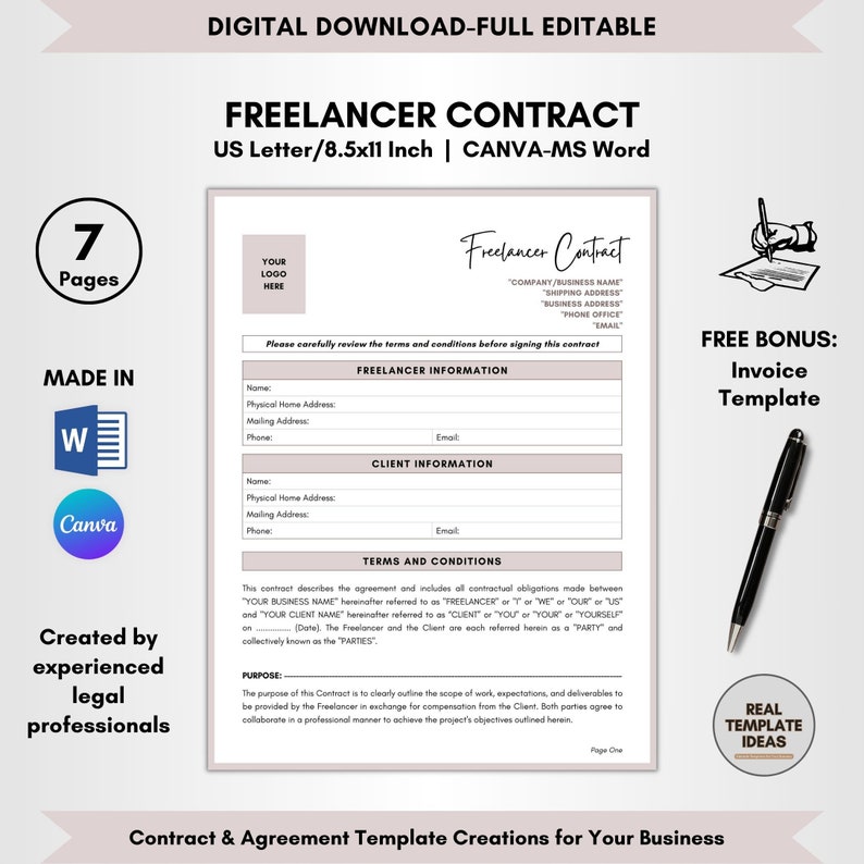 Freelancer Contract Template, 7 Pages DIY Editable, Freelance Work Agreement, Job Terms, Solo ...