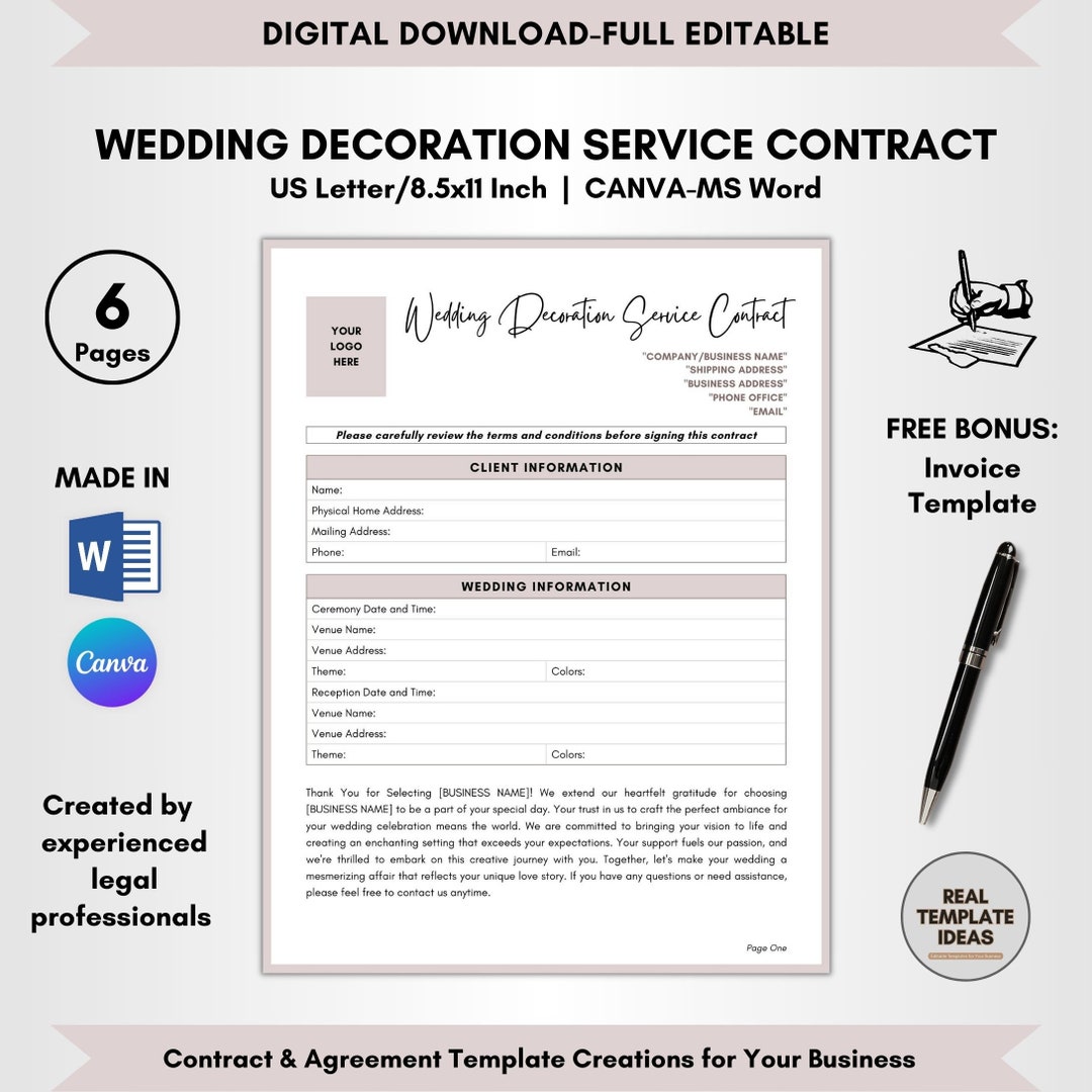 Wedding Decoration Service Contract Template: DIY Editable (canva & MS ...