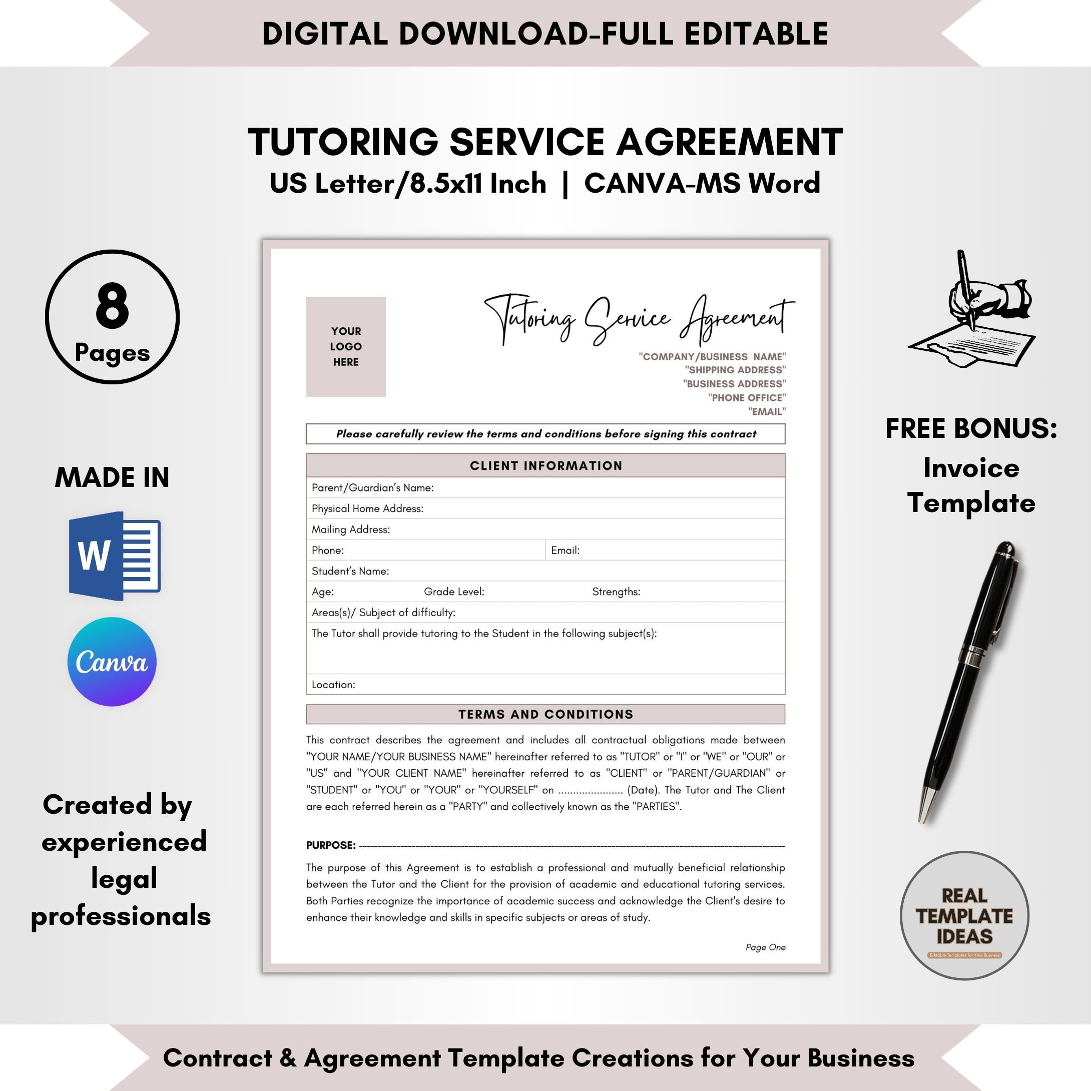 Tutoring Service Agreement Template, 8 Pages DIY Editable, Private ...