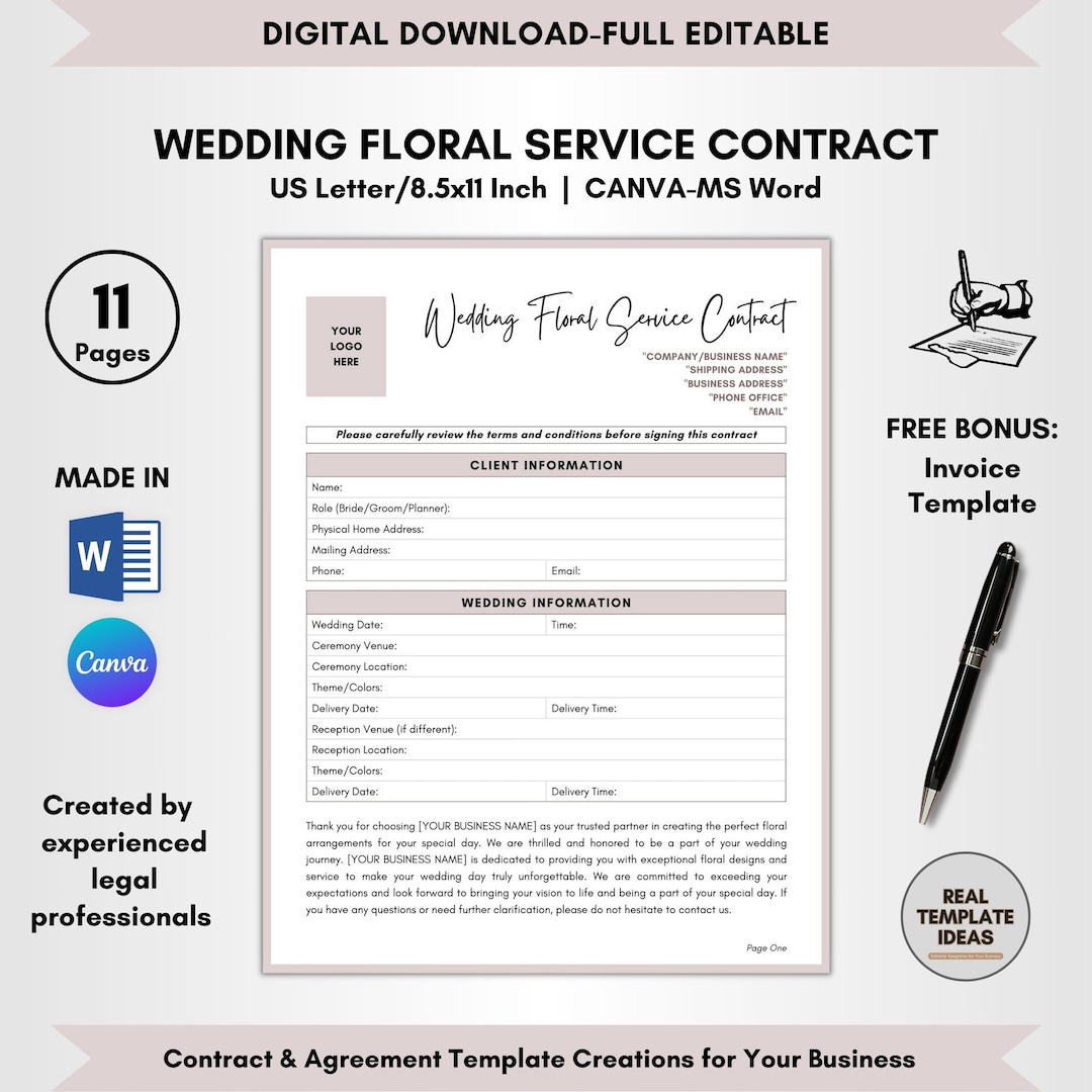 Wedding Floral Service Contract Template, 11 Pages DIY Editable ...