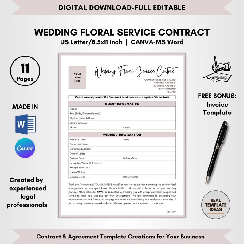 Wedding Floral Service Contract Template, 11 Pages DIY Editable ...