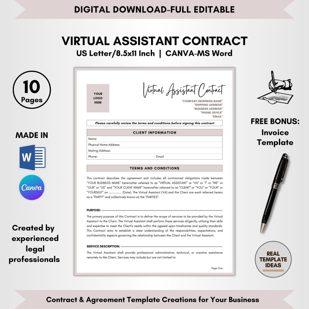 Virtual Assistant Contract Template, 10 Pages DIY Editable, VA Service ...