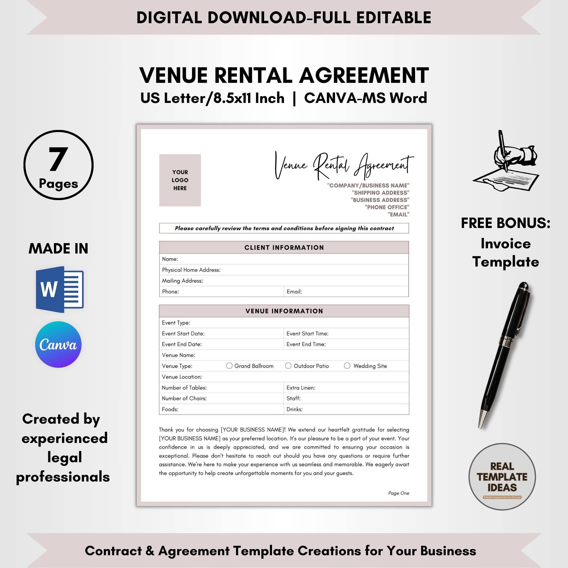 Venue Rental Agreement Template, 7 Pages DIY Editable, Venue Rental ...