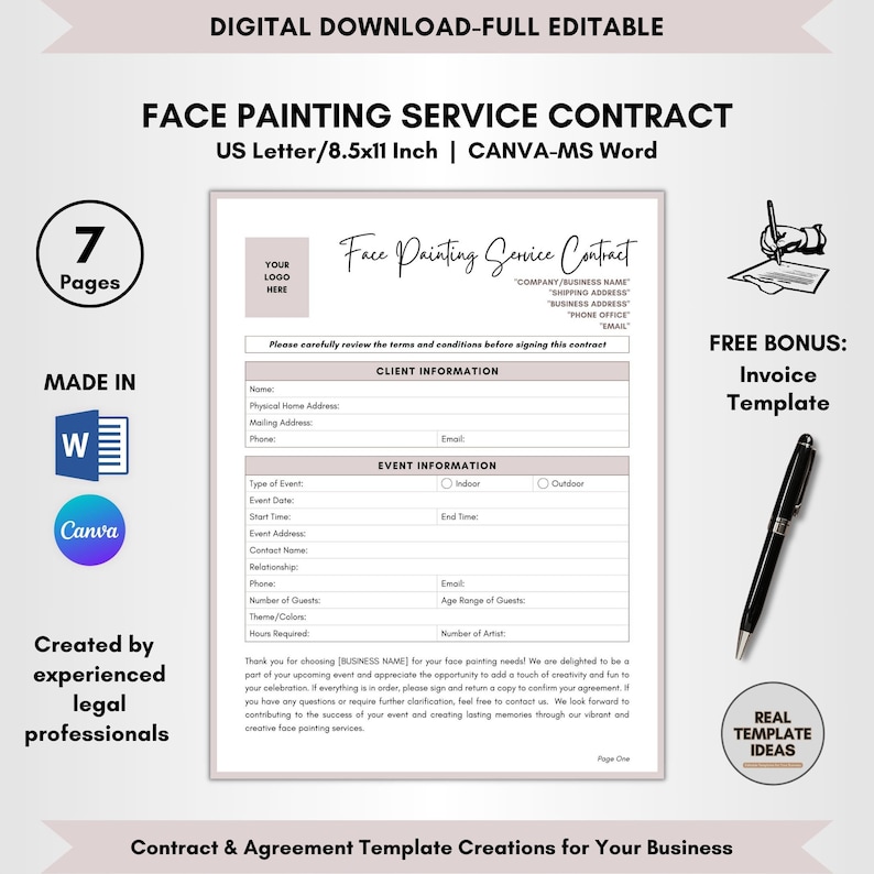 Face Painting Service Contract Template: DIY Editable Forms (digital ...