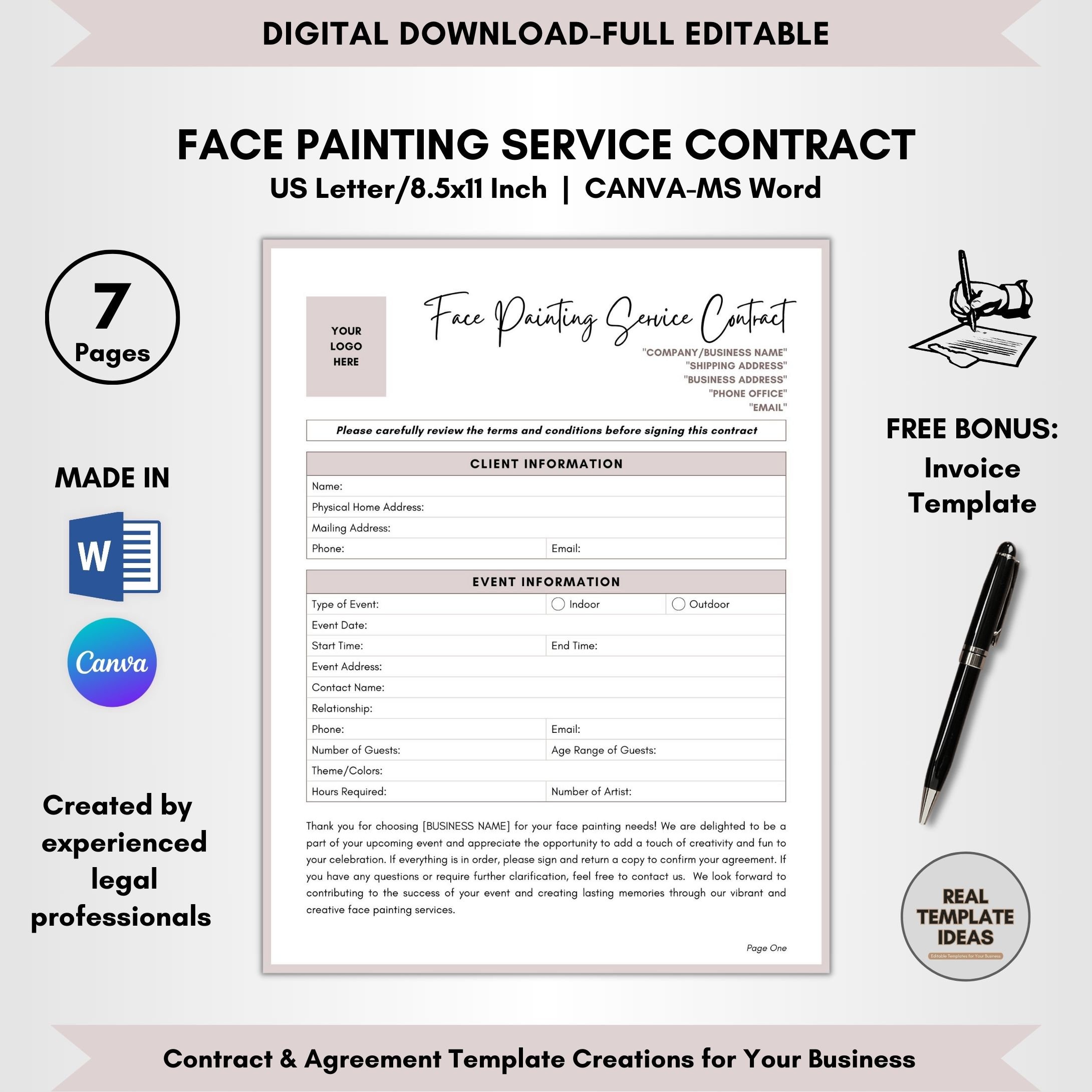 Face Painting Service Contract Template: DIY Editable Forms (digital ...
