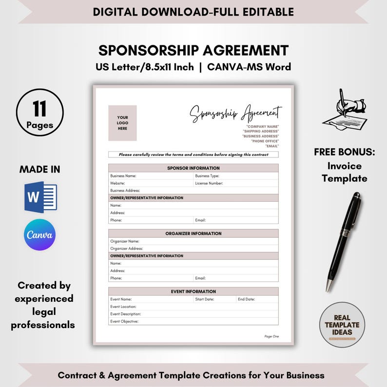 Sponsorship Agreement Template: DIY Editable, Fundraising Contract ...