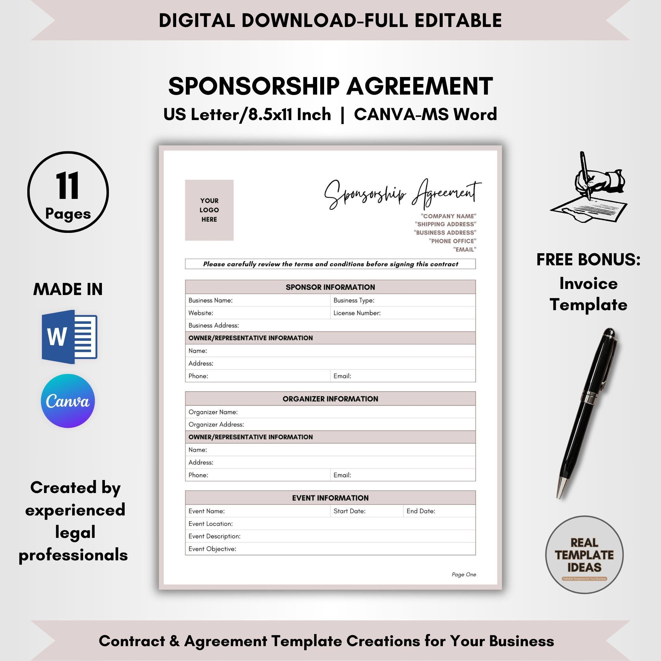 Sponsorship Agreement Template: DIY Editable, Fundraising Contract ...