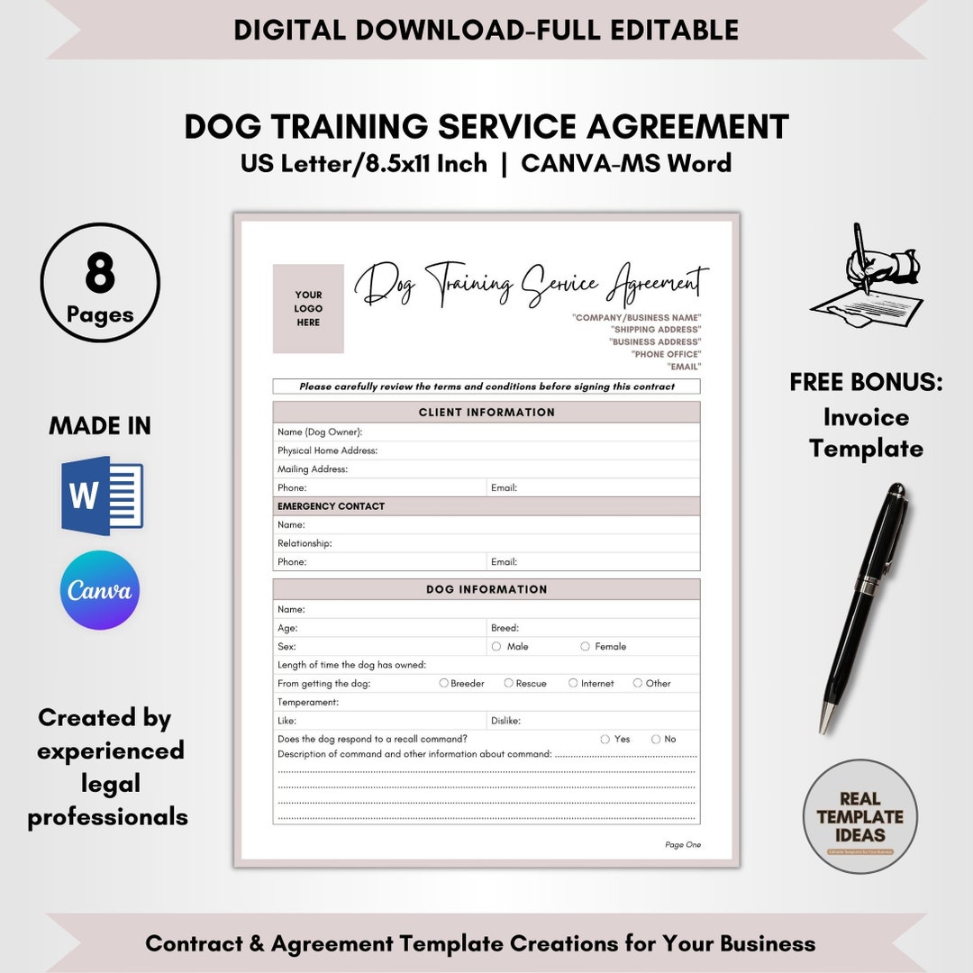 Dog Training Service Agreement Template, 8 Pages DIY Editable, Dog ...