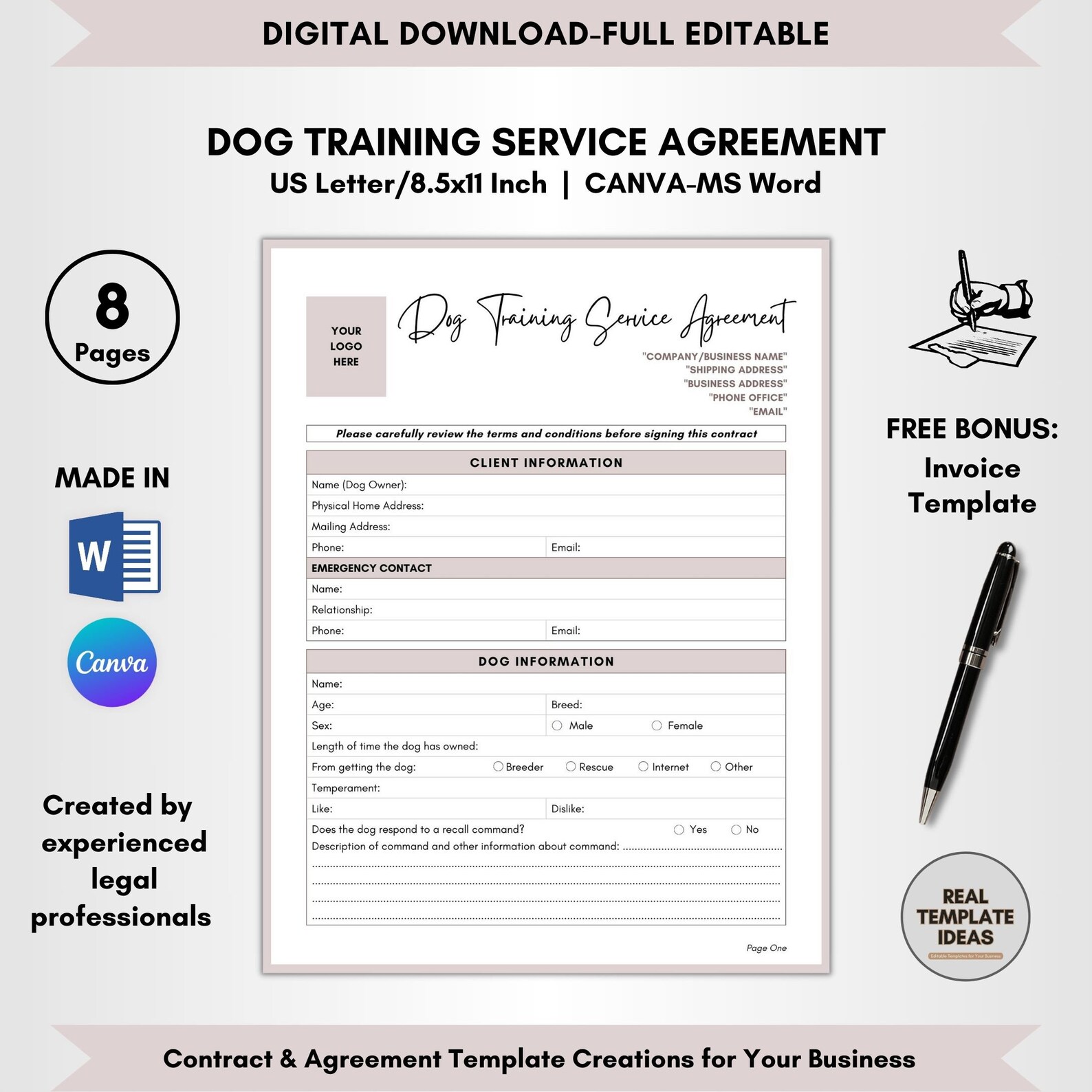 Dog Training Service Agreement Template, 8 Pages DIY Editable, Dog ...