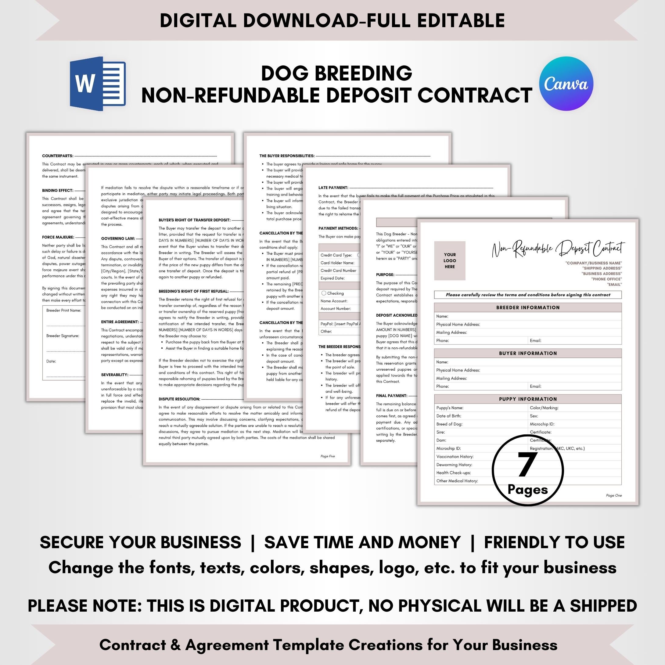 Dog Breeding Contract Template Bundle, 7 Dog Breeder Contract Terms ...