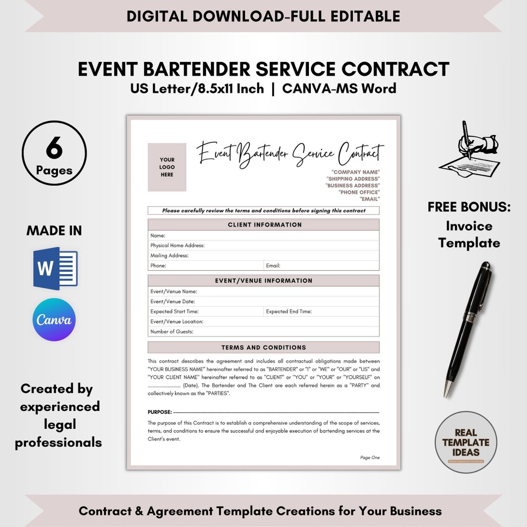 Event Bartender Service Contract Template: Editable DIY, 6 Pages (CANVA ...