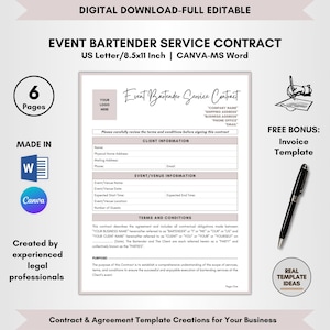 Event Bartender Service Contract Template, 6 Pages DIY Editable ...