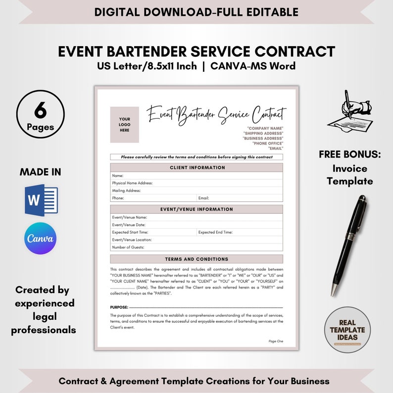 Event Bartender Service Contract Template: Editable DIY, 6 Pages (CANVA-MS Word) - Etsy