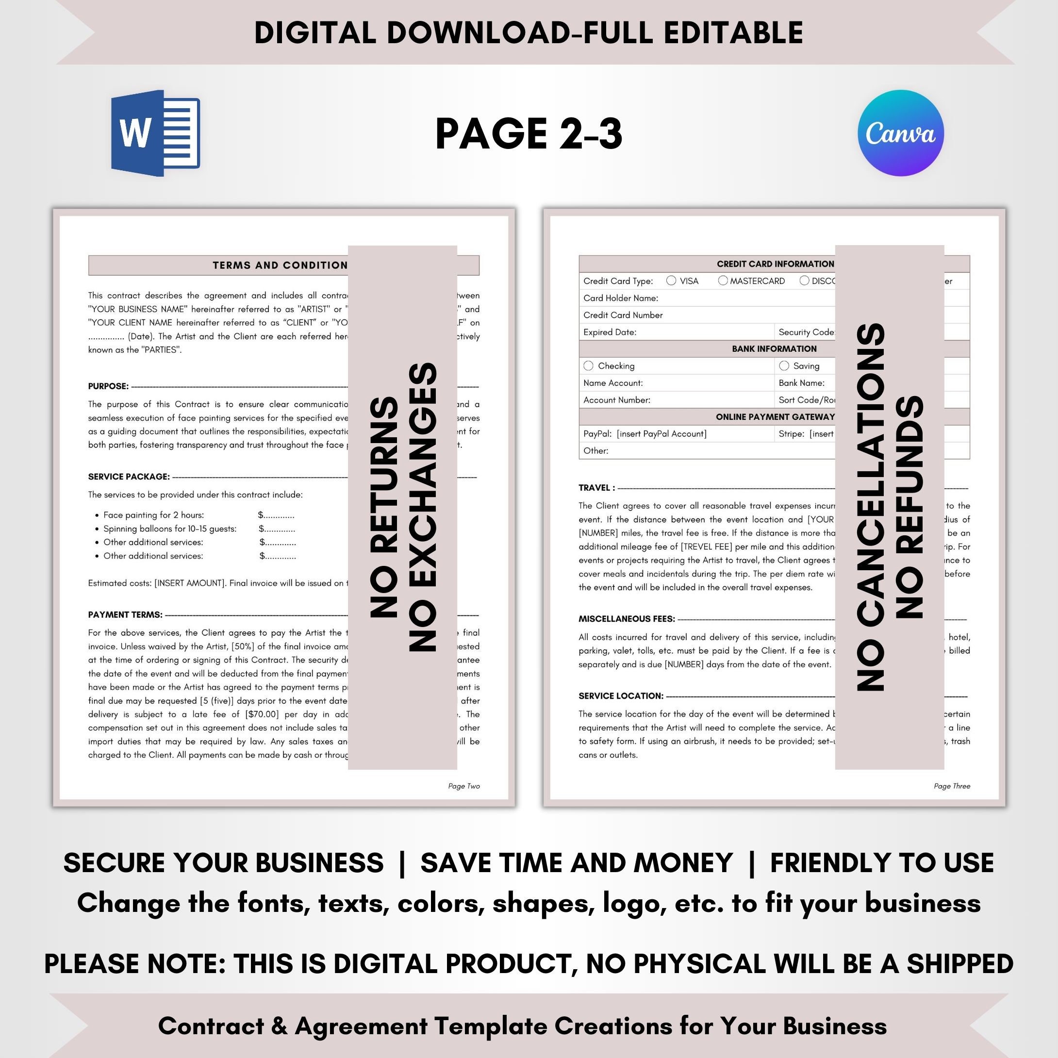 Face Painting Service Contract Template: DIY Editable Forms (digital ...