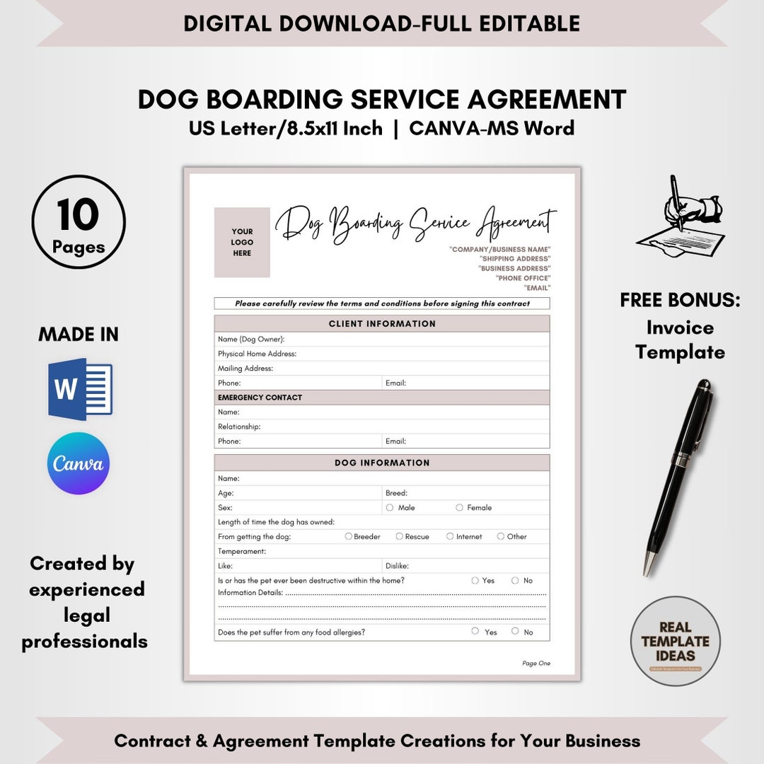 Dog Boarding Service Agreement Template: 10 Pages DIY Editable Contract ...