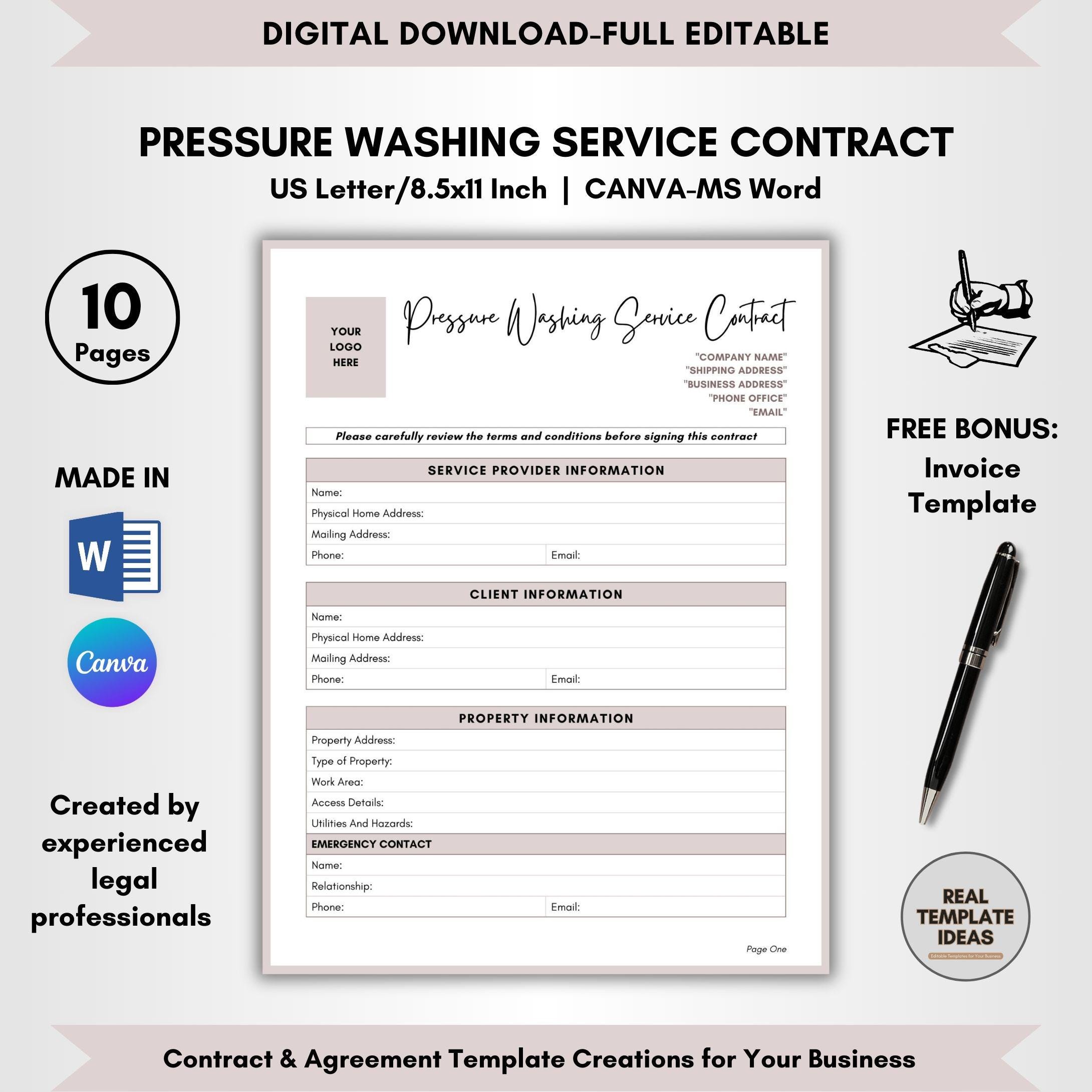 Pressure Washing Service Contract Template: DIY Editable (canva & MS ...