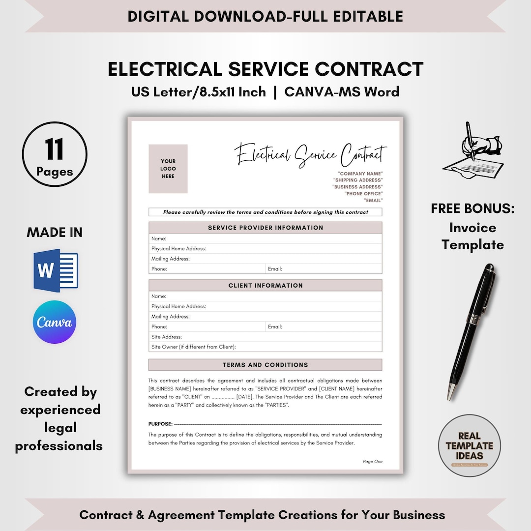 Electrical Service Contract Template, 11 Pages DIY Editable ...