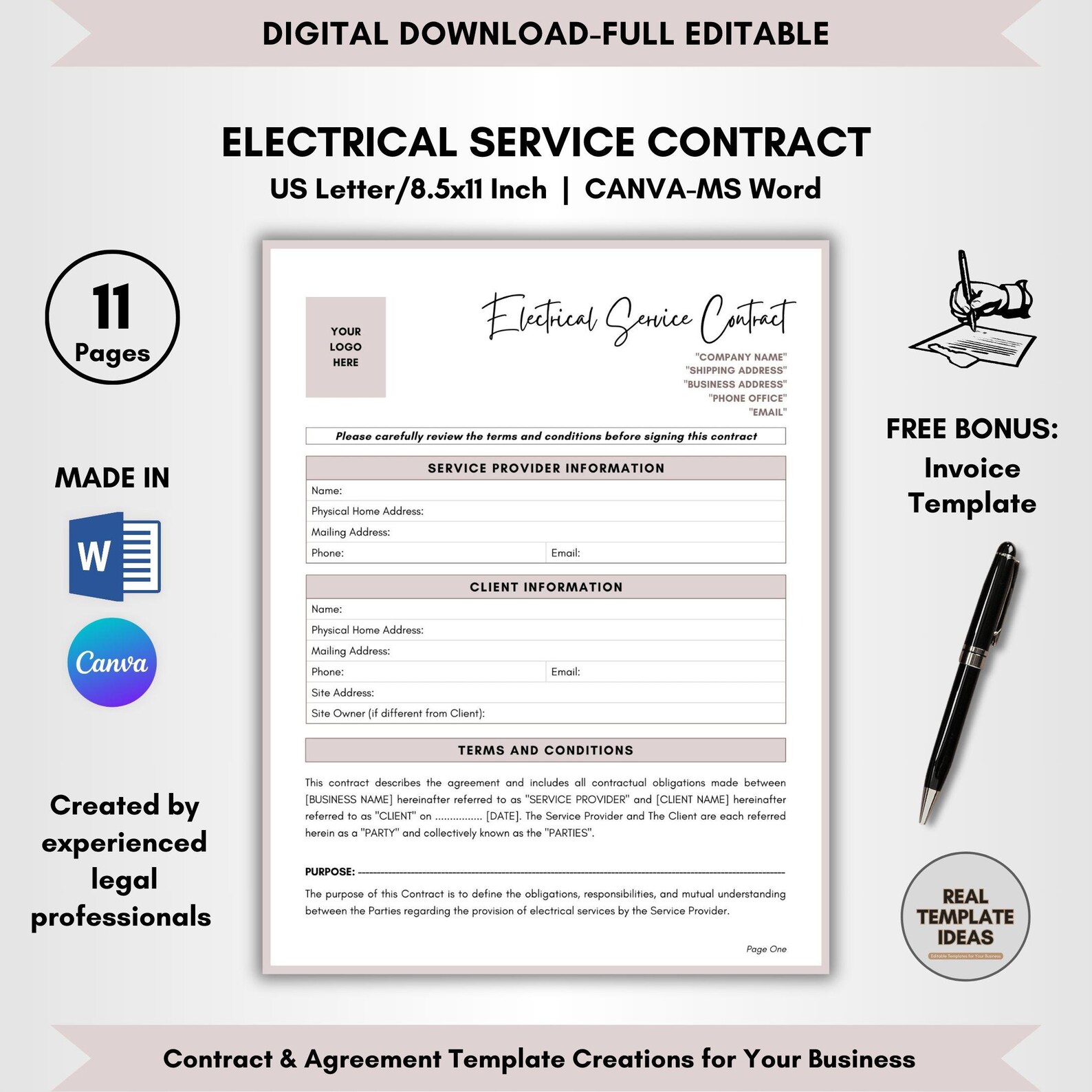 Electrical Service Contract Template, 11 Pages DIY Editable ...