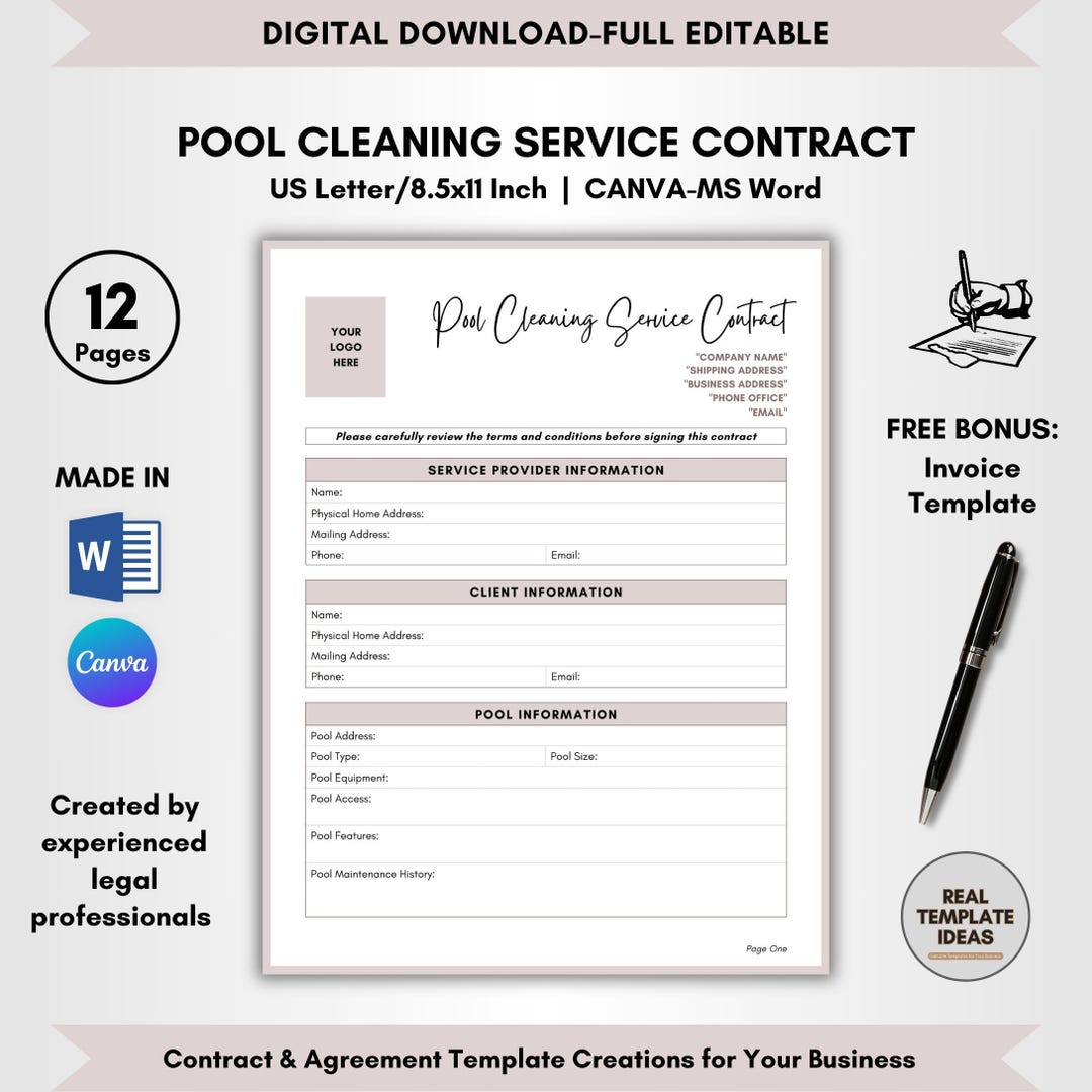 Pool Cleaning Service Contract Template, 12 Pages DIY Editable, Pool ...