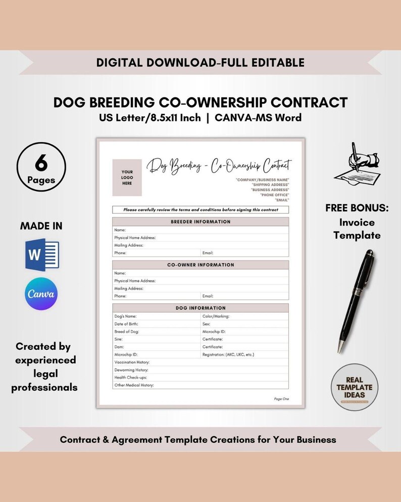 Dog Breeding Co-ownership Contract Template: 6 Pages Editable DIY Form ...